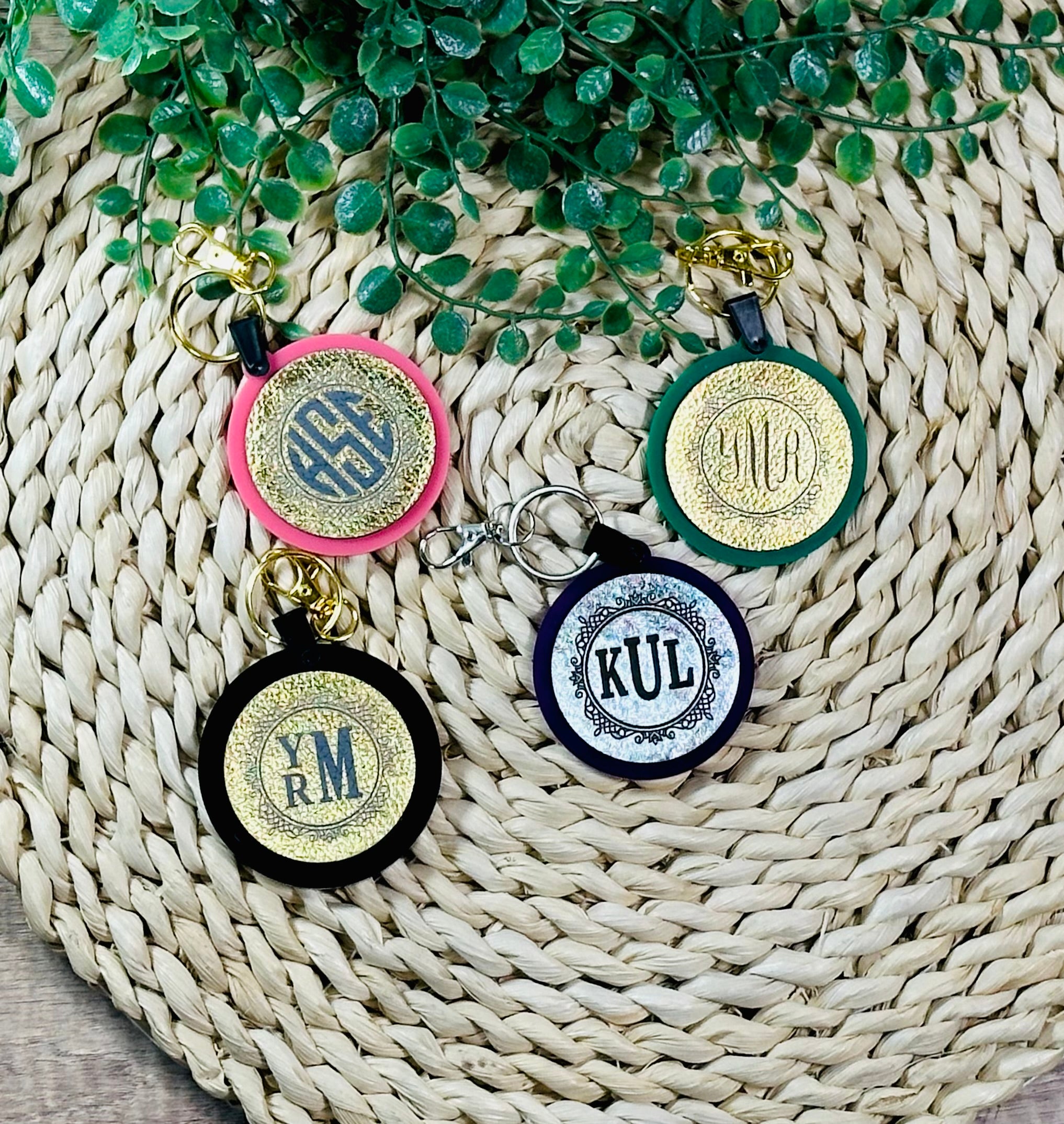 Fancy monogram leather on acrylic keychains – Love and Wood